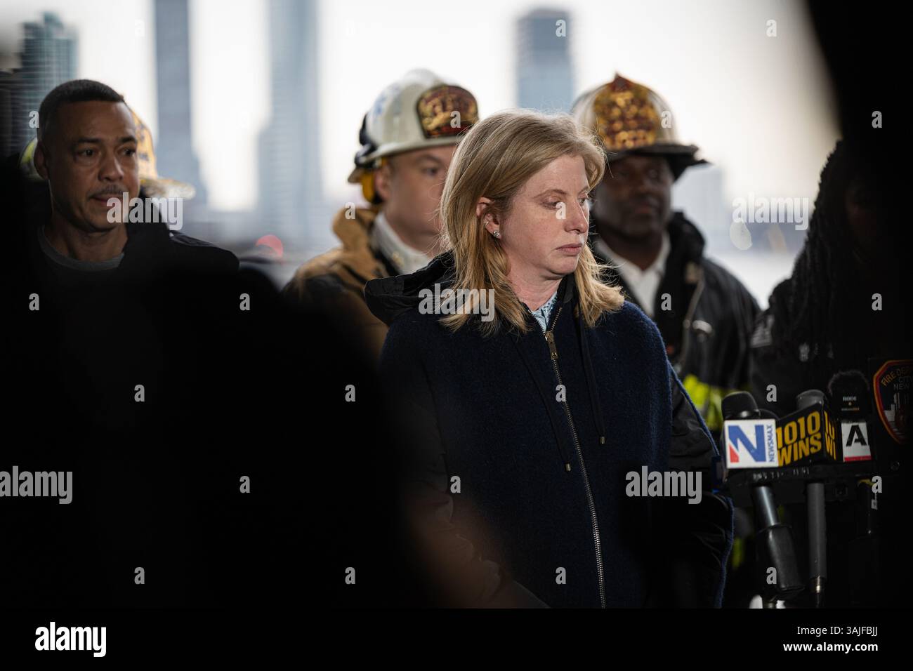 NYPD Commissioner Jessica Tish speaks to the media as a helicopter ...
