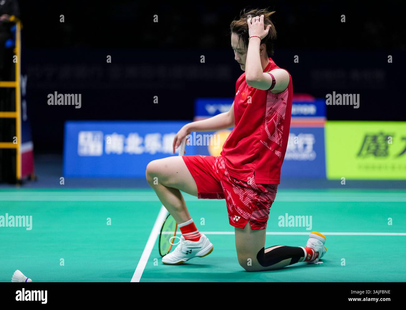 Ningbo, China's Zhejiang Province. 11th Apr, 2025. Chen Yufei of China reacts during the women's ...