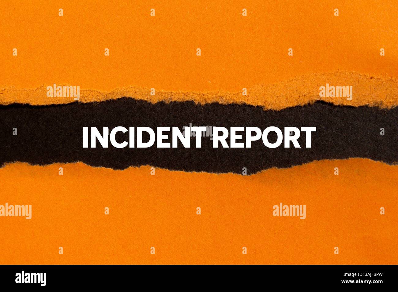 Incident report message written on ripped torn orange paper on black background. Conceptual ...