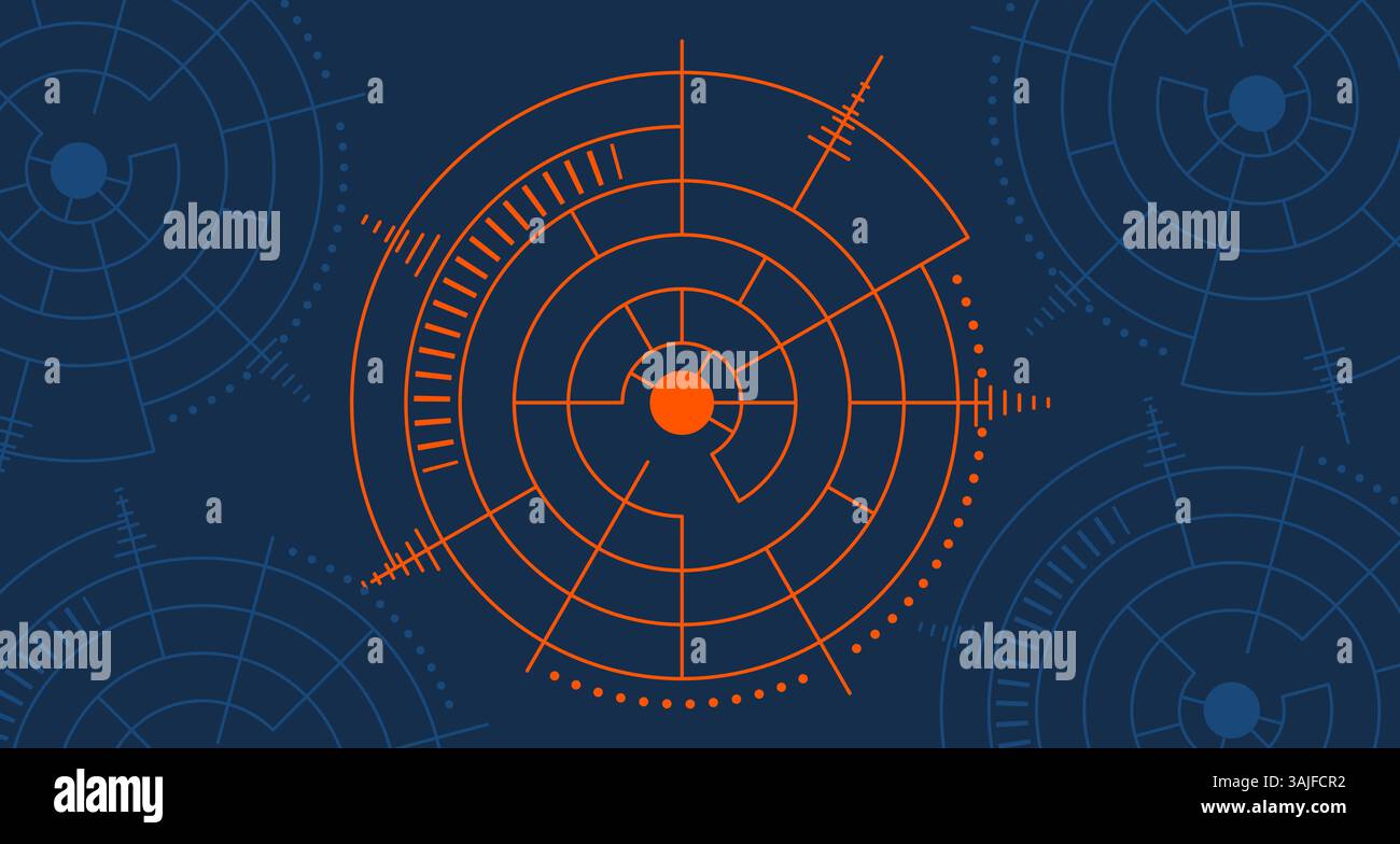 Futuristic circular radar interface with an orange central focus Stock ...