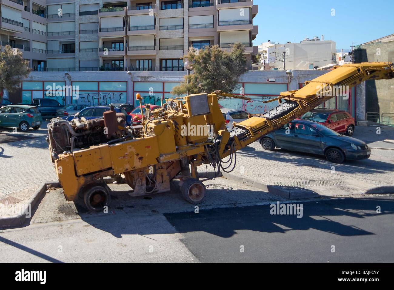 Crete.Greece - april 11, 2025: A powerful industrial road milling ...