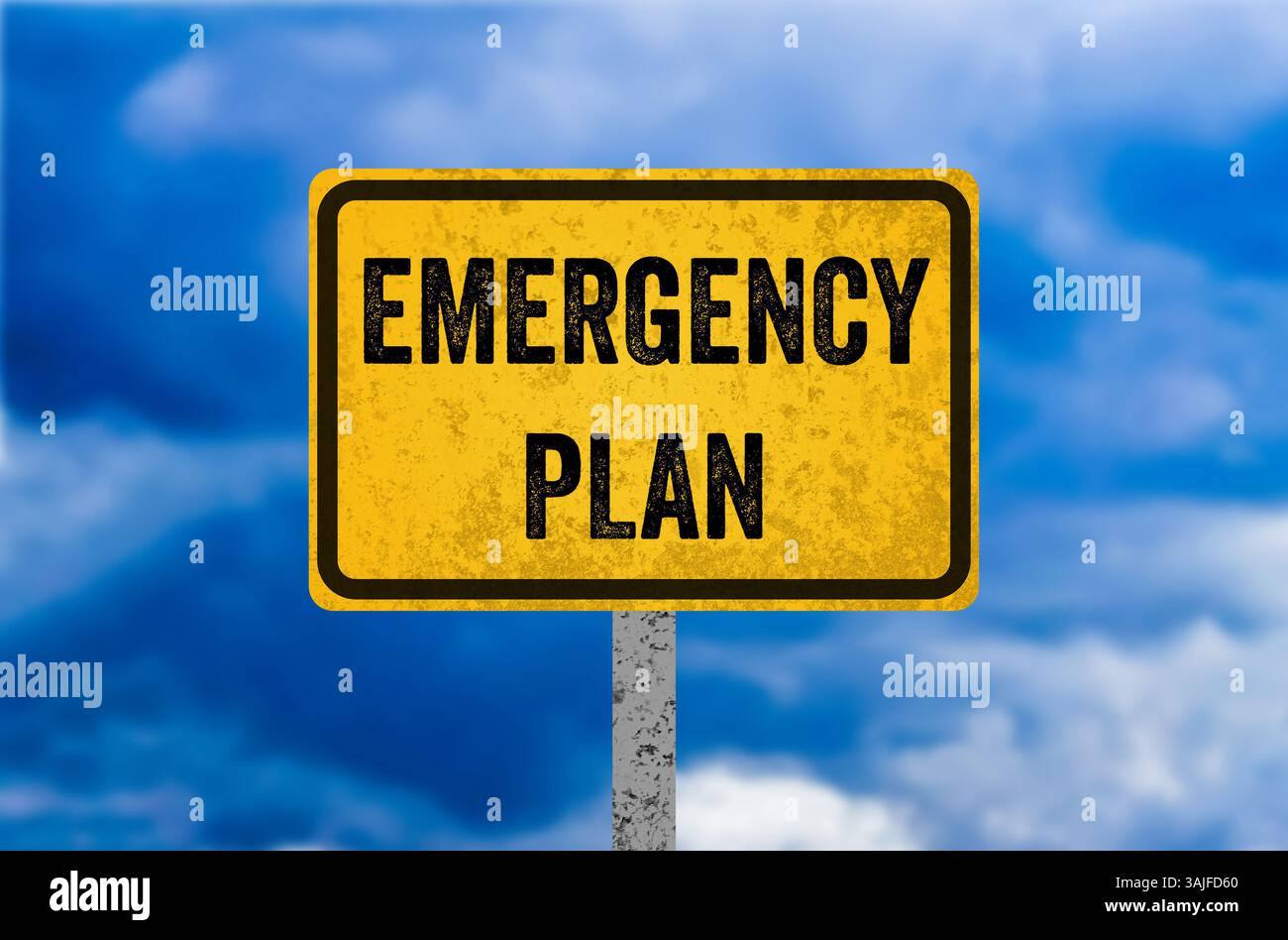 Emergency plan message written on yellow metal sign. Conceptual ...
