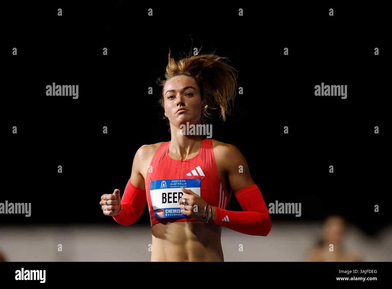 Perth, Australia. 11th Apr, 2025. Ellie Beer of Queensland crosses the ...