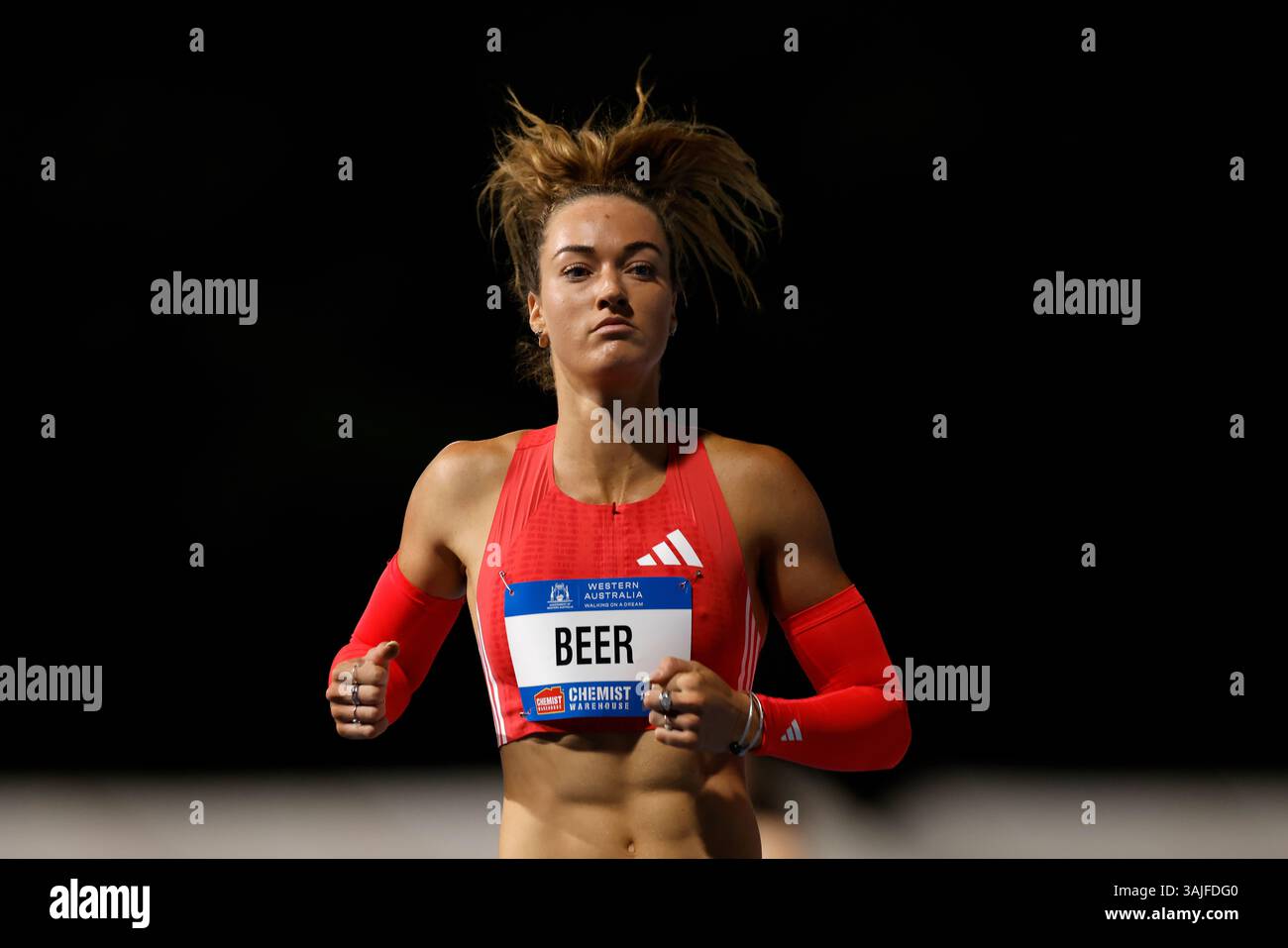 Perth, Australia. 11th Apr, 2025. Ellie Beer of Queensland crosses the ...