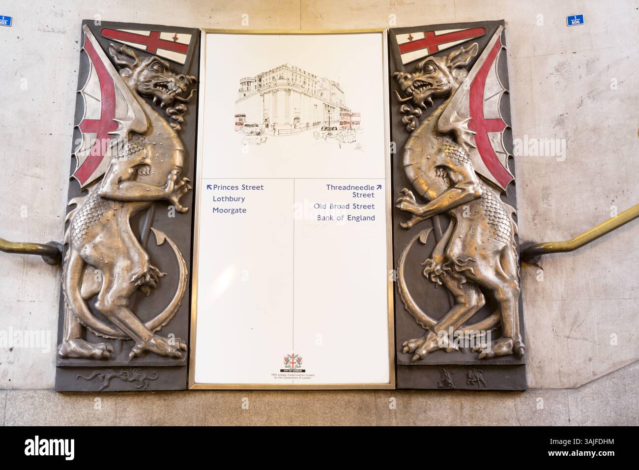 Direction signage shown between two Coat of Arms for City Of London ...