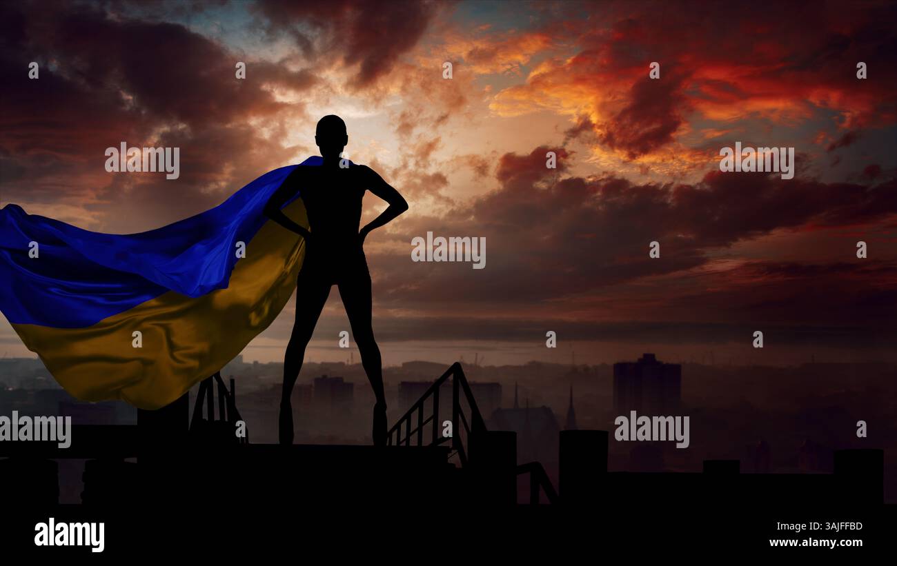 Ukrainian hero concept. Woman with waving ukrainian flag behind her ...