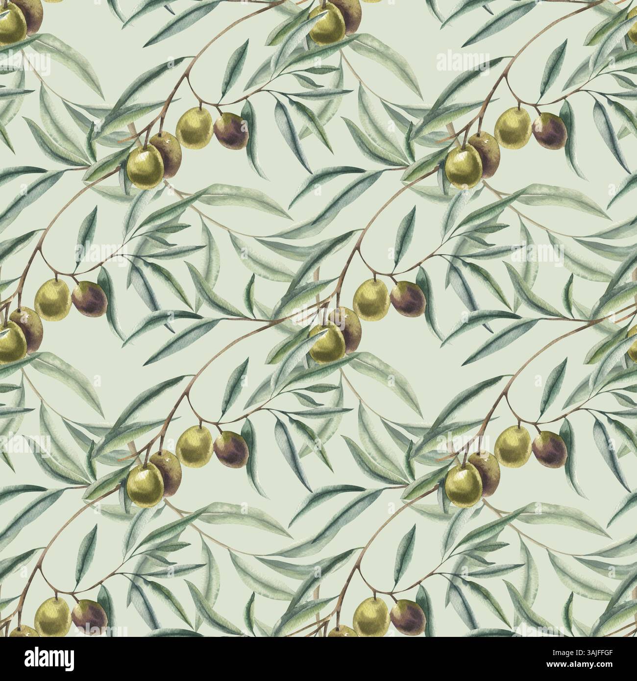 Olive branches watercolor seamless pattern on green. Floral repeated ...