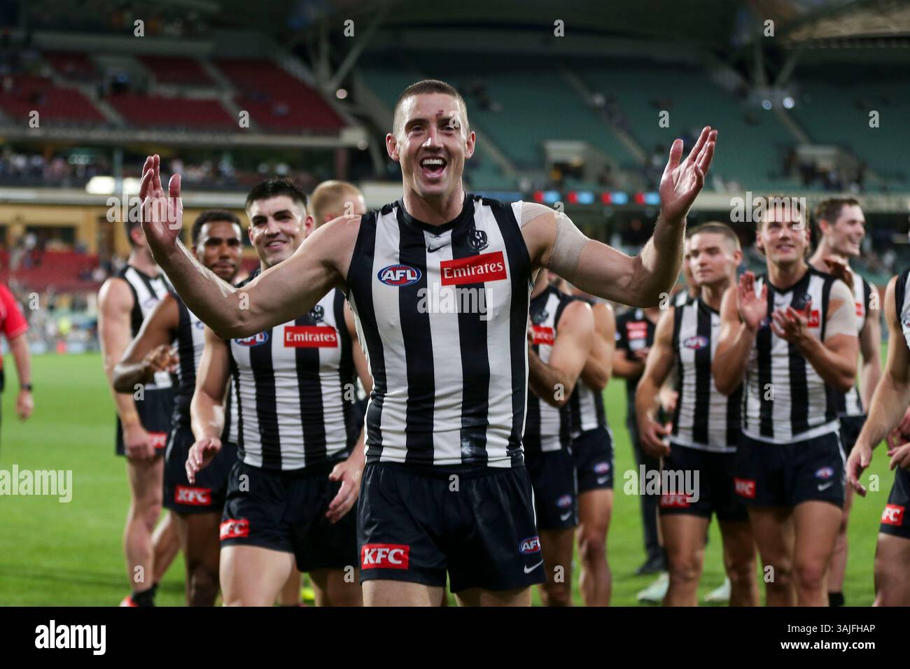 Darcy Cameron of the Magpies after his 100th game during the AFL Round ...