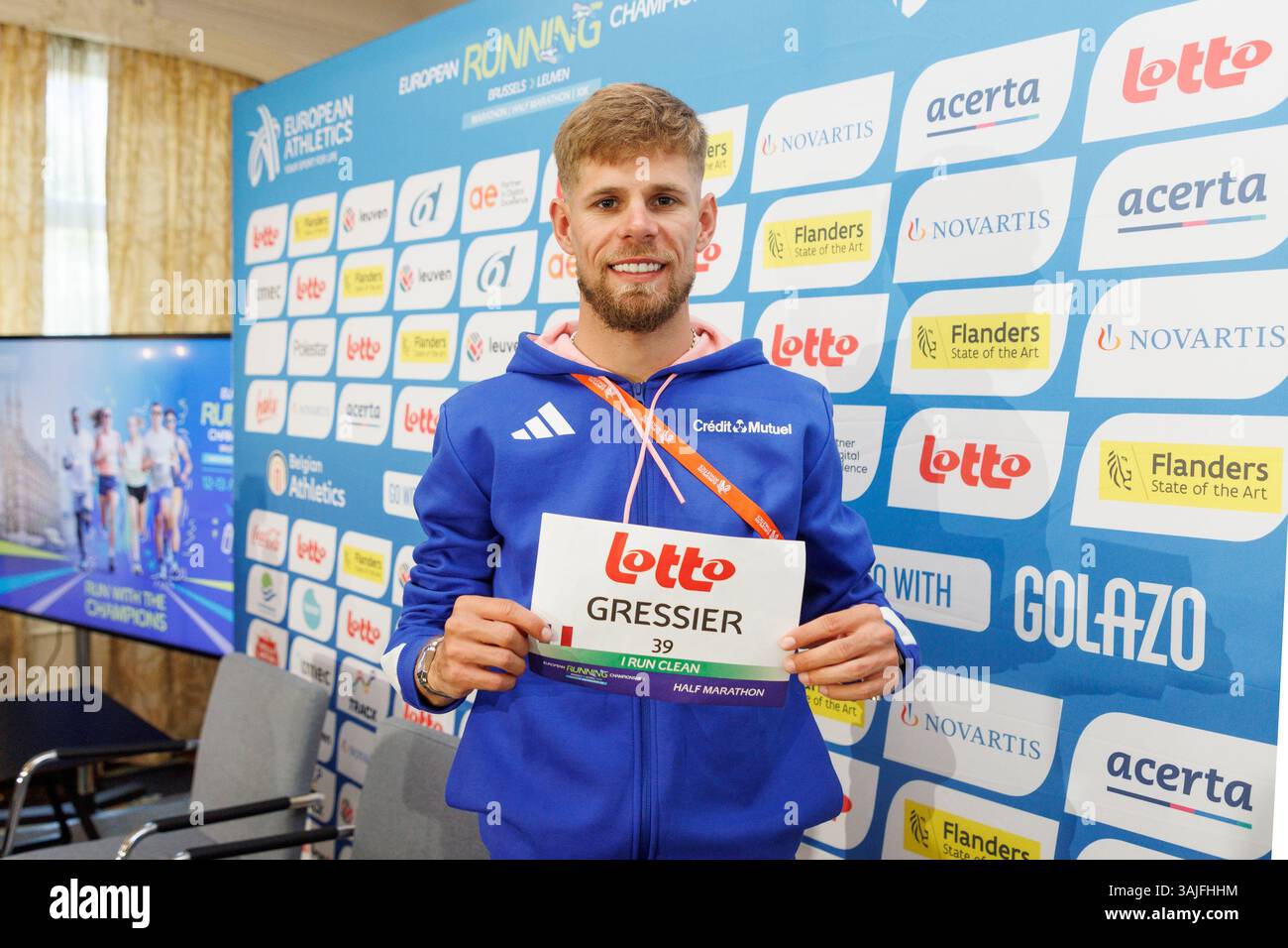 Brussels, Belgium. 11th Apr, 2025. French runner Jimmy Gressier poses ...