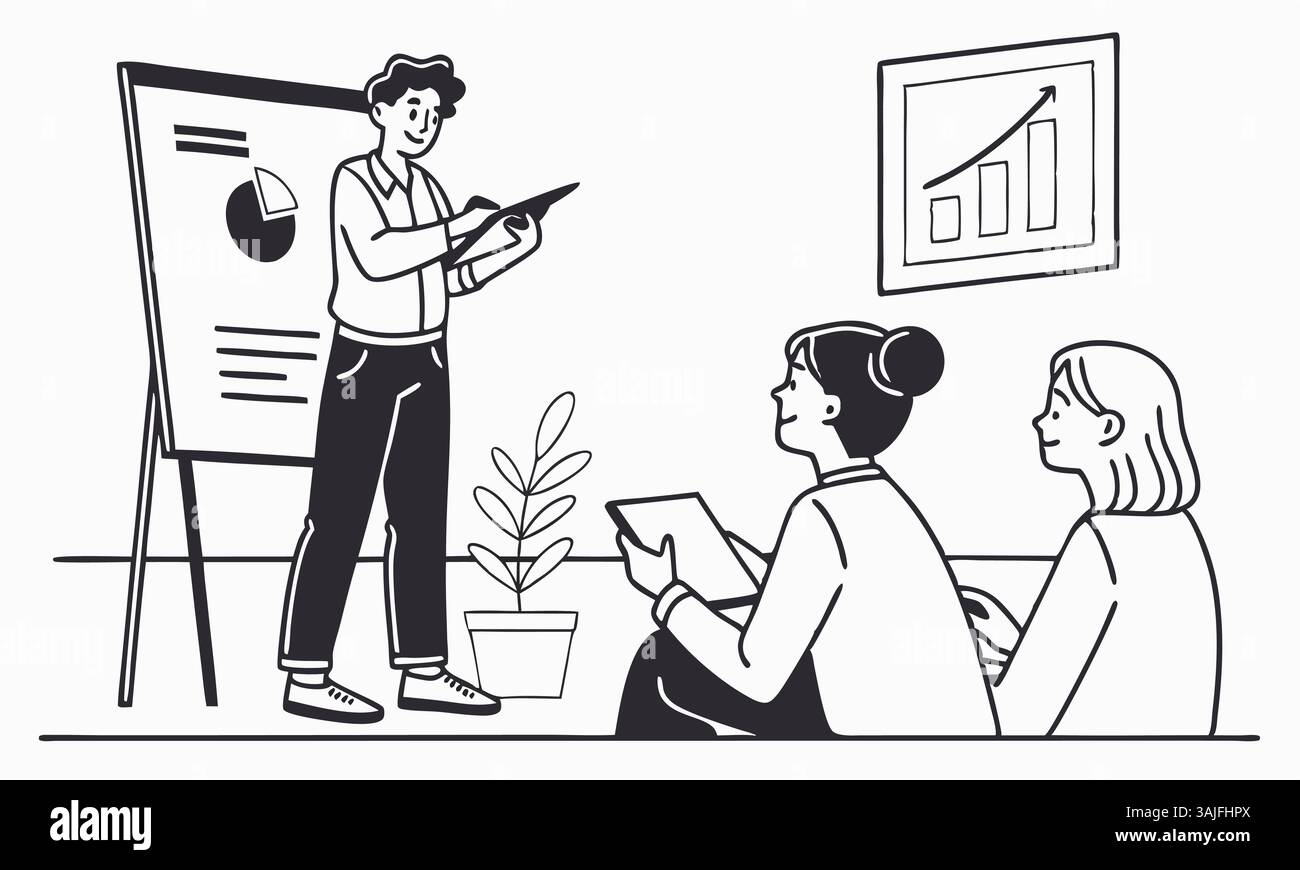Illustration of an office team reviewing business data on a chart in a ...
