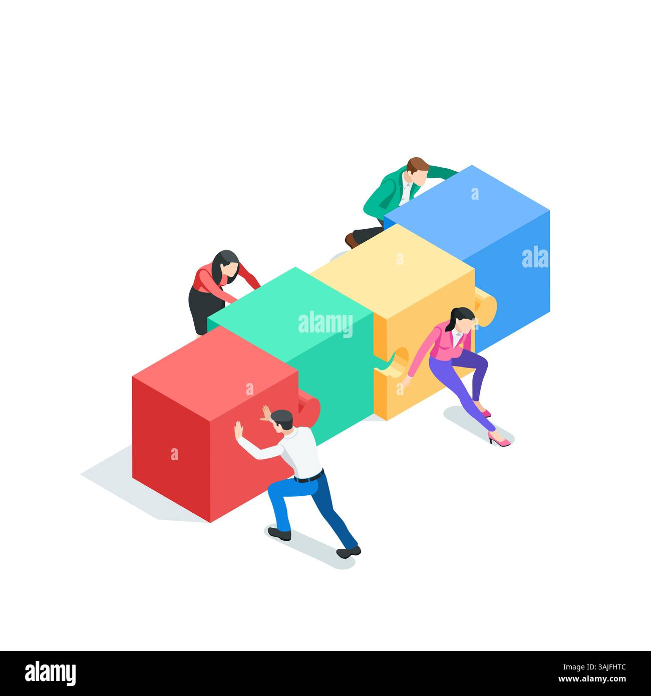 isometric vector people putting together puzzles, in color on a white background, teamwork and ...