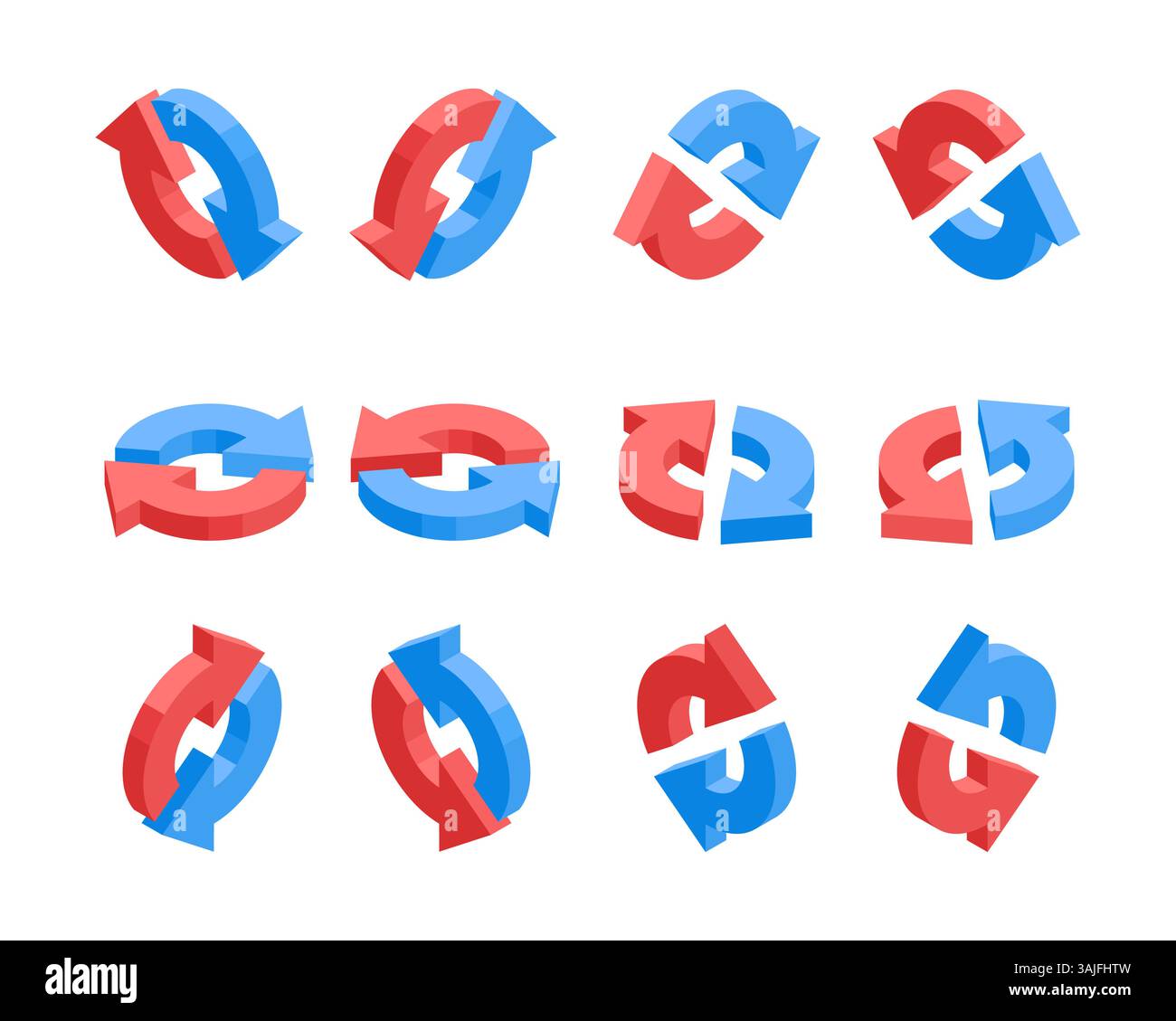 isometric set of round arrows, in color on a white background, pointers for infographics and ...