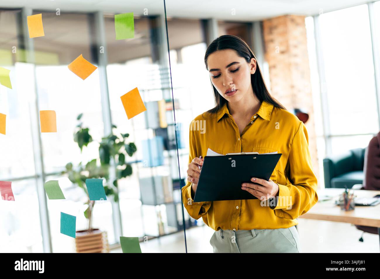 Young professional woman reviewing notes in a modern office setting ...
