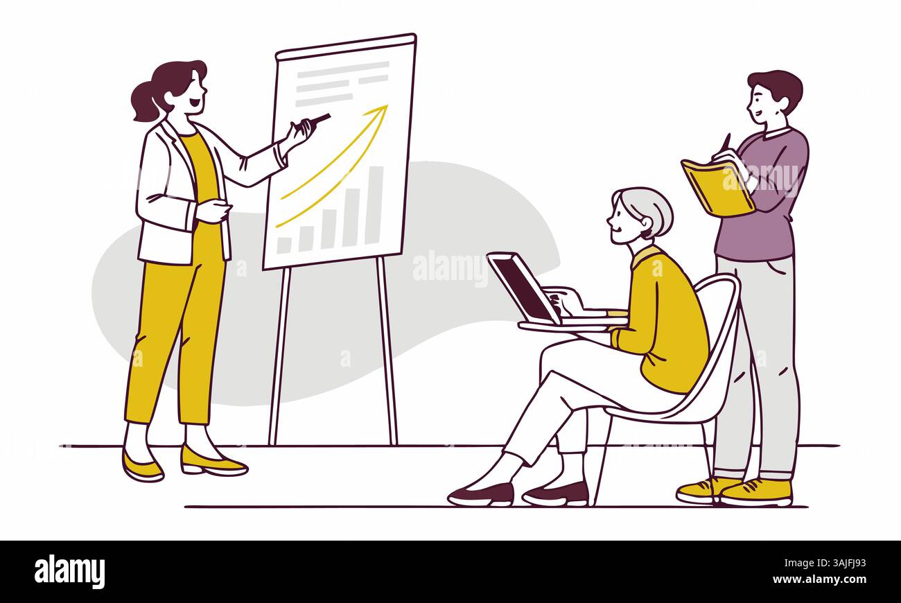 A presenter explains data trends on an easel board while two colleagues ...