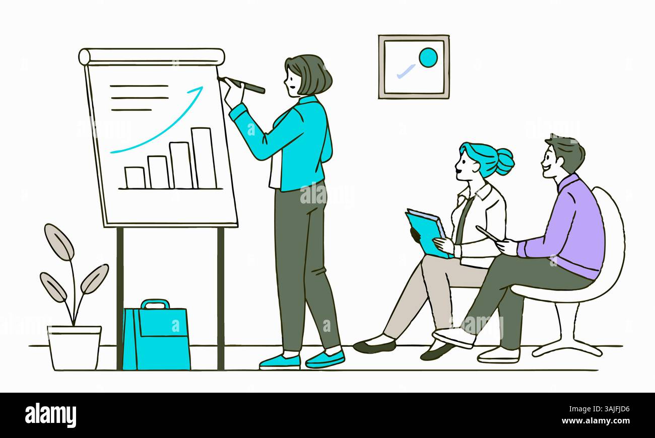 A presenter explains data insights on an easel board while two ...