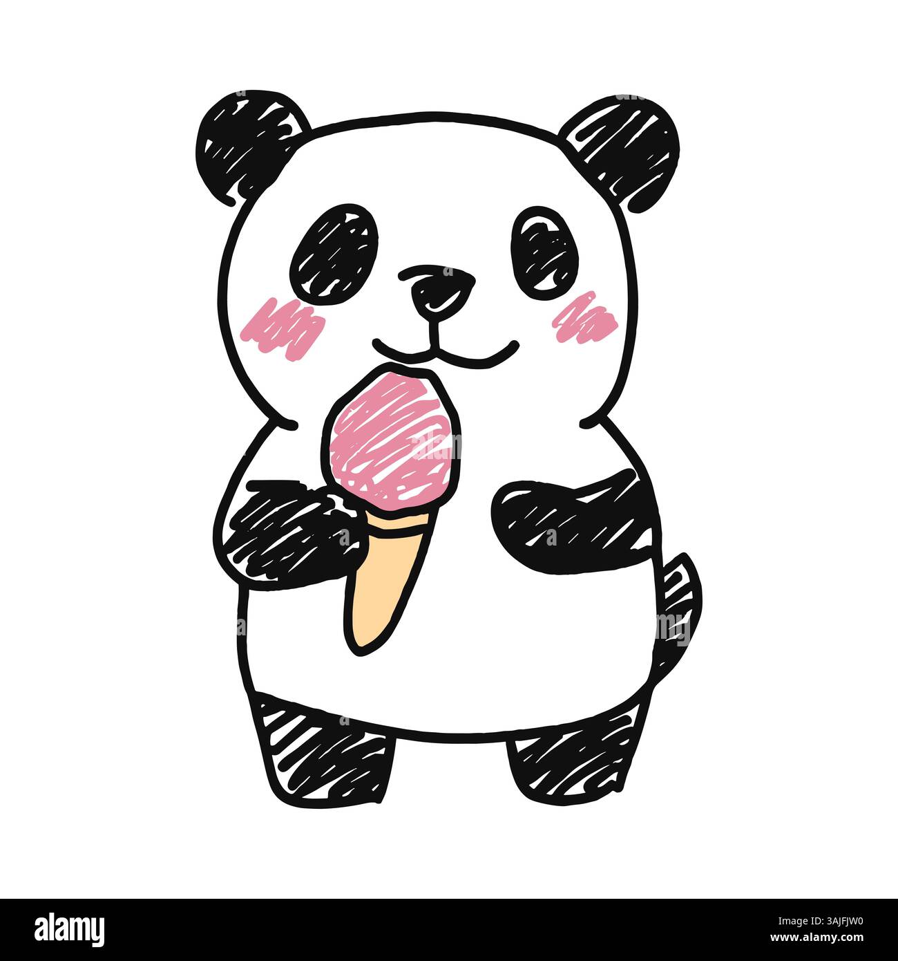 Cute panda eating ice-cream. Childish doodle vector illustration. Hand ...