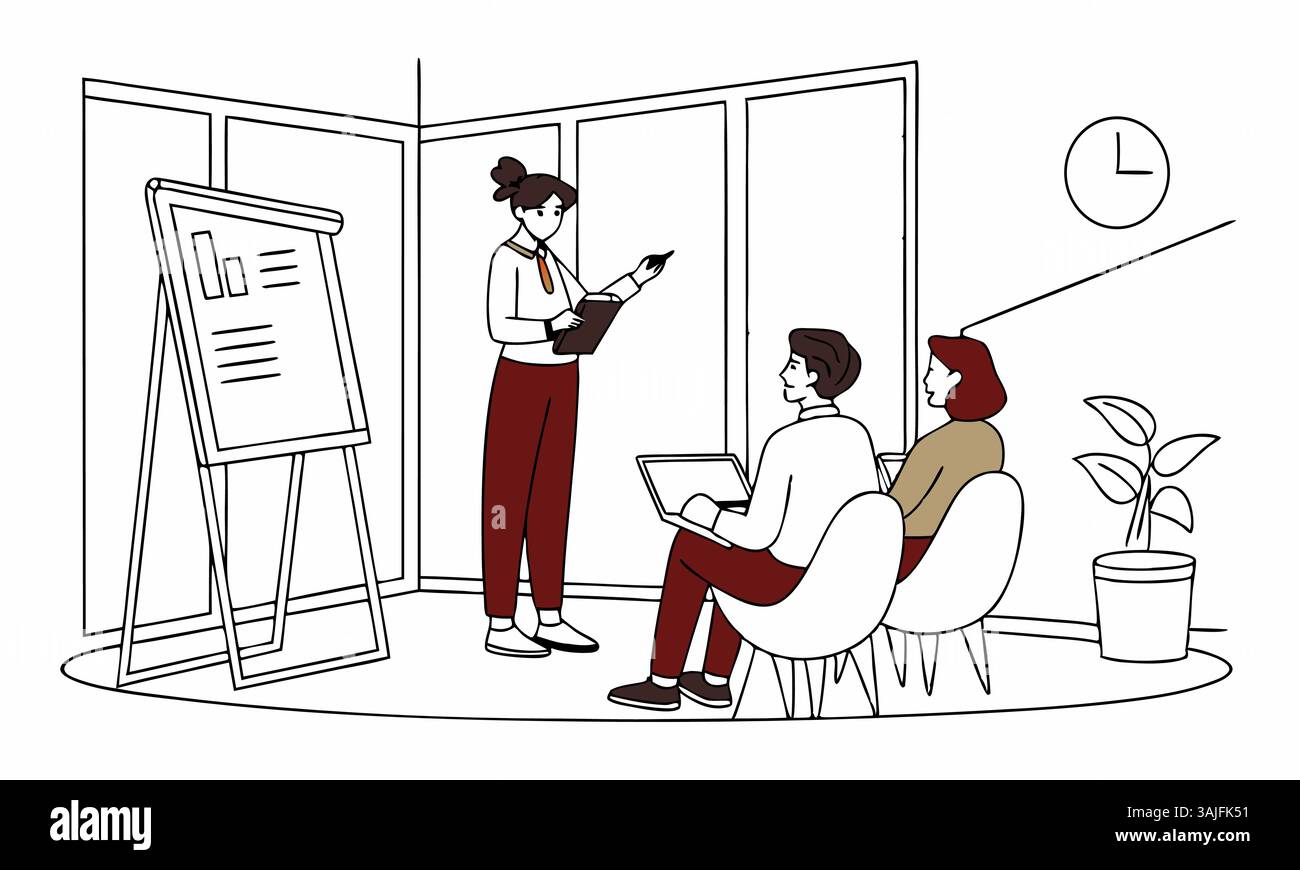 Illustration of an office team collaborating on tasks in a meeting room ...