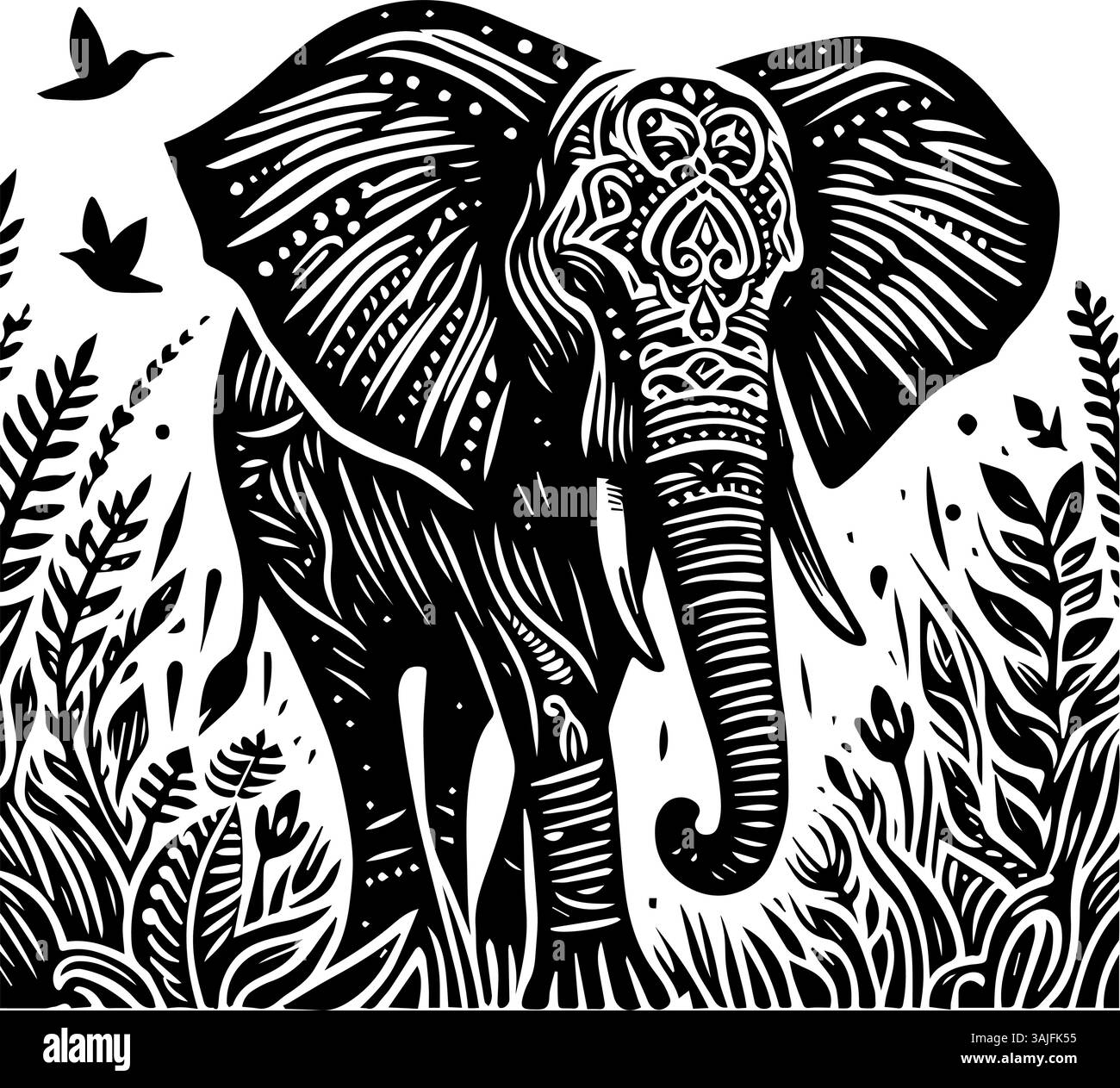 High-contrast image of an elephant with decorative patterns in a ...