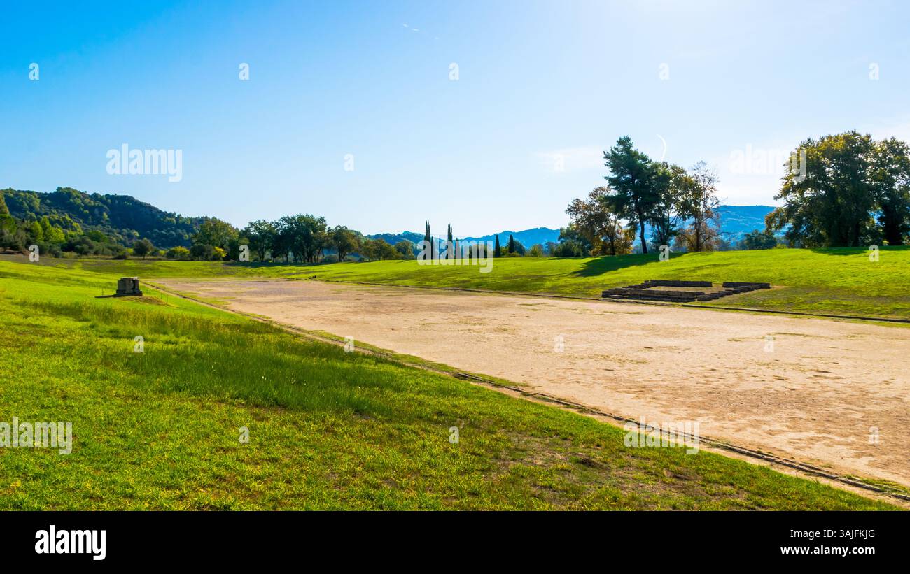 Sunny panoramic view of the ancient Stadium at Olympia archaeological ...