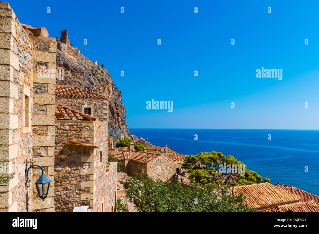 Panoramic view of medieval Monemvasia fortified village in Peloponnesus ...