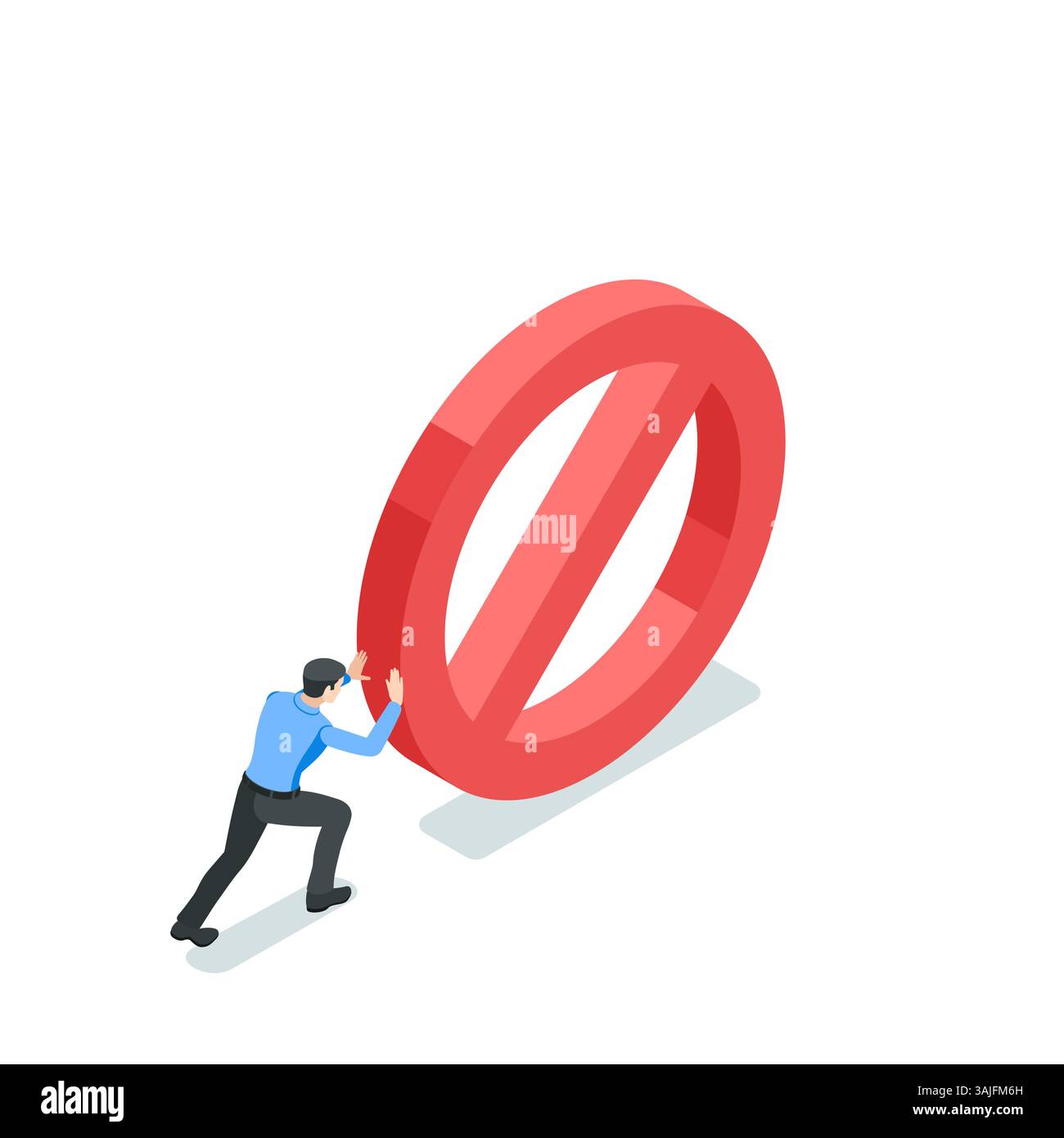isometric vector business man pushing a large prohibition sign, in ...