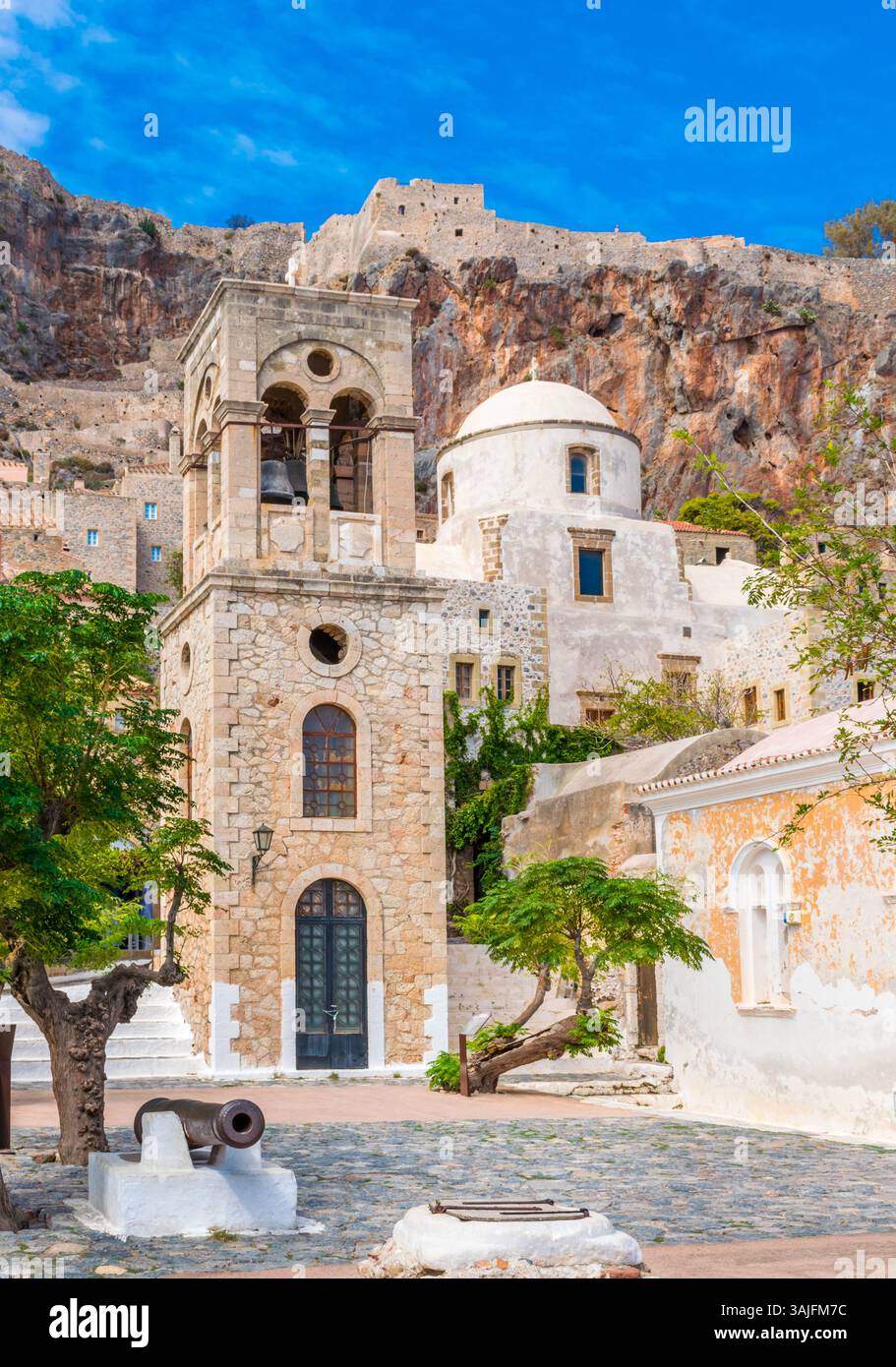 Monemvasia main town square with Holy Church of Christ in Chains, stone ...
