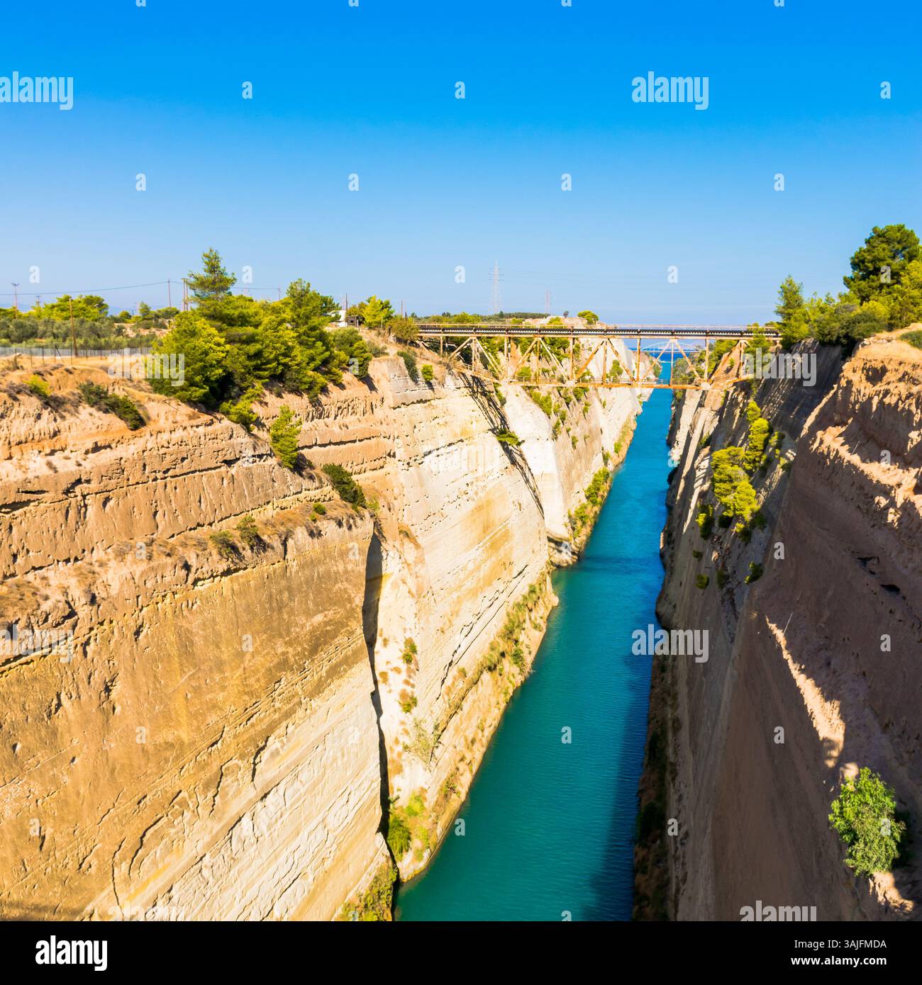 Sunny panoramic view of Corinth Canal with bridges and Gulf of Corinth ...