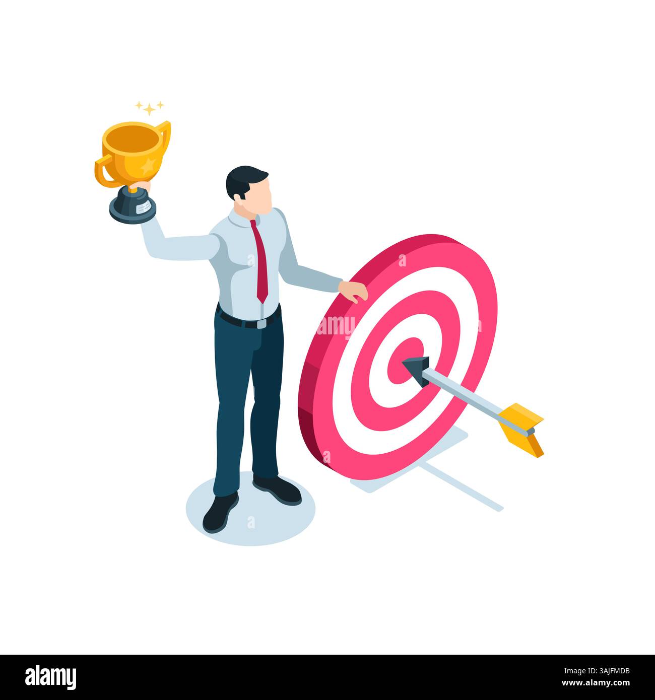 isometric business man with trophy next to target with arrow, in color ...