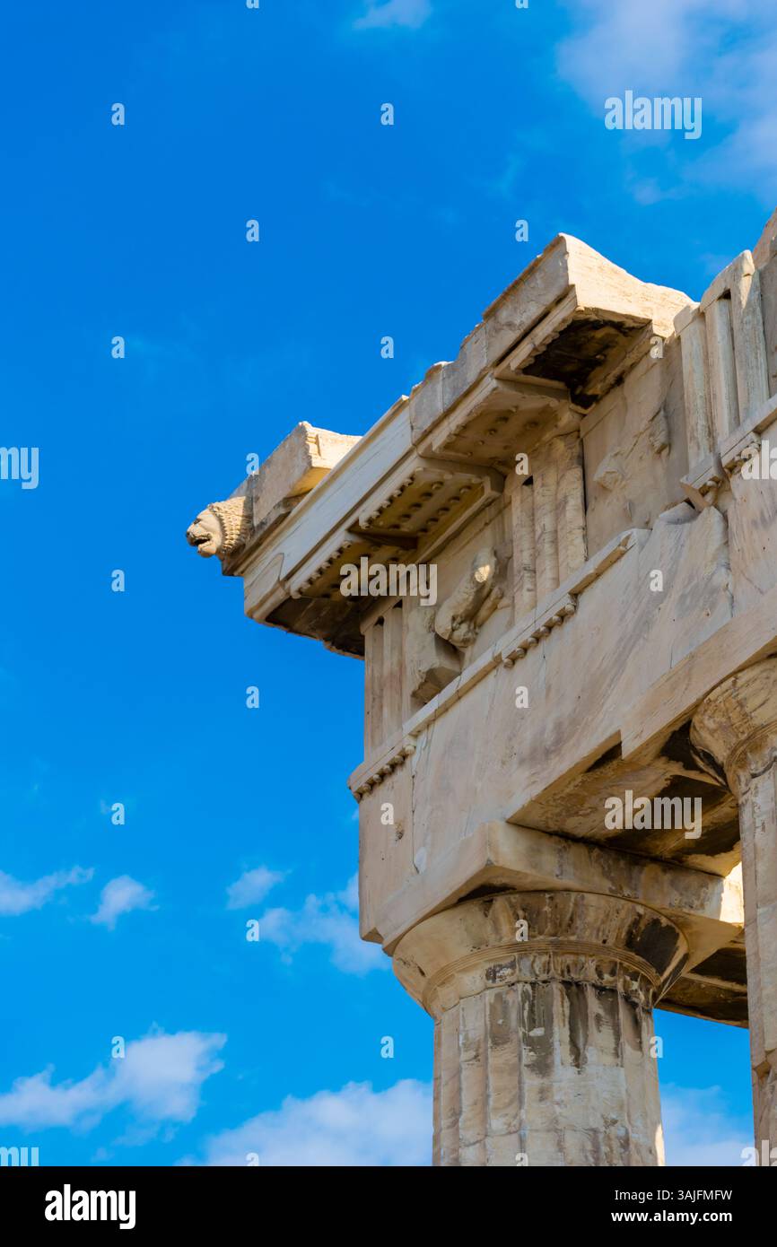 Lion head detail on the side of The Parthenon temple dedicated to the goddess Athena on the ...