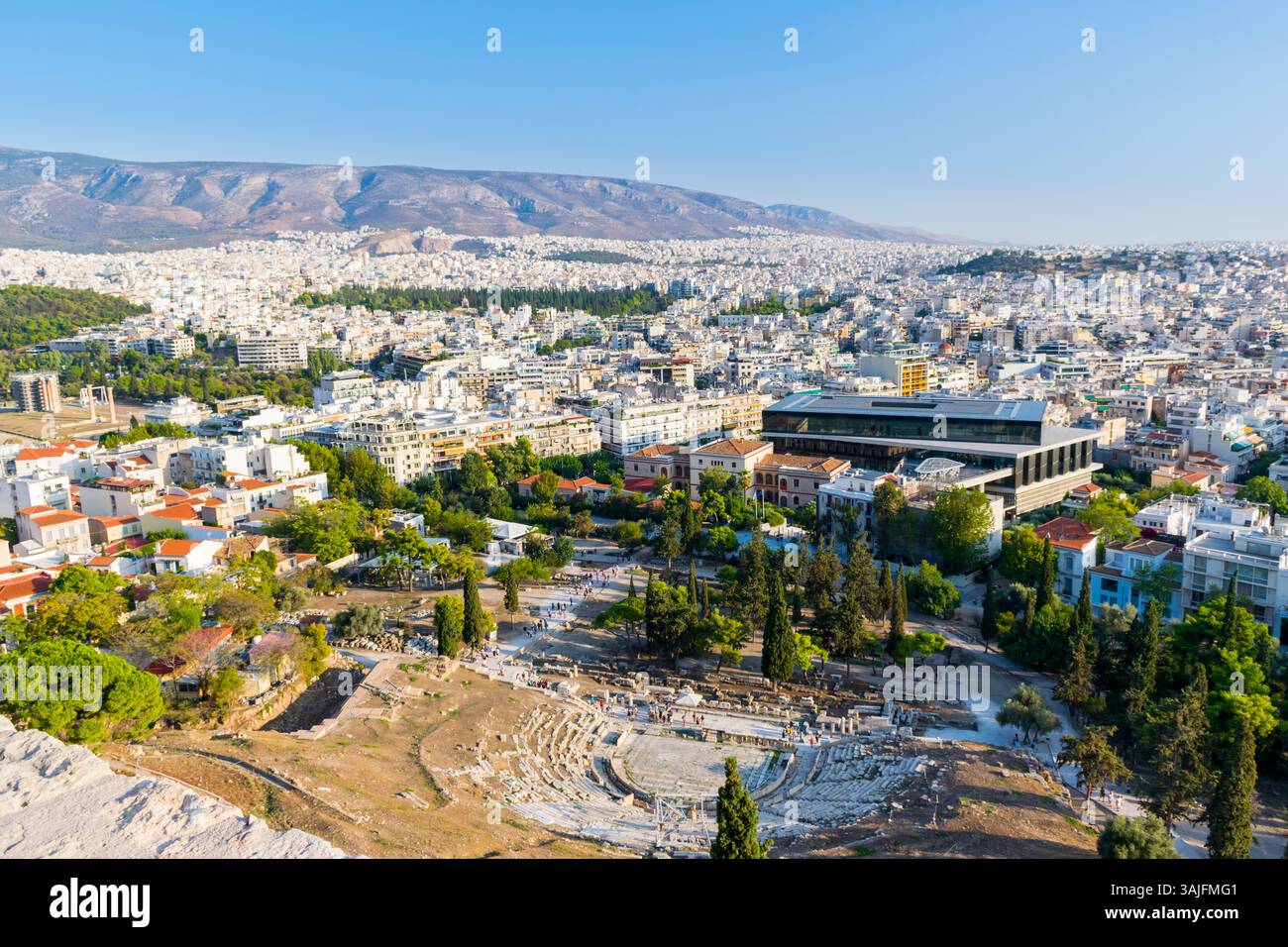 Panoramic view of the Theatre of Dionysus and the Acropolis Museum with ...