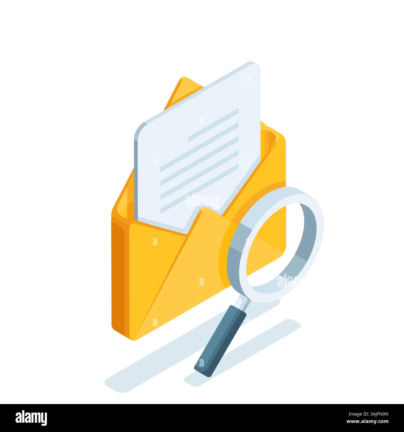 isometric open envelope with document and magnifying glass, in color on white background, email ...
