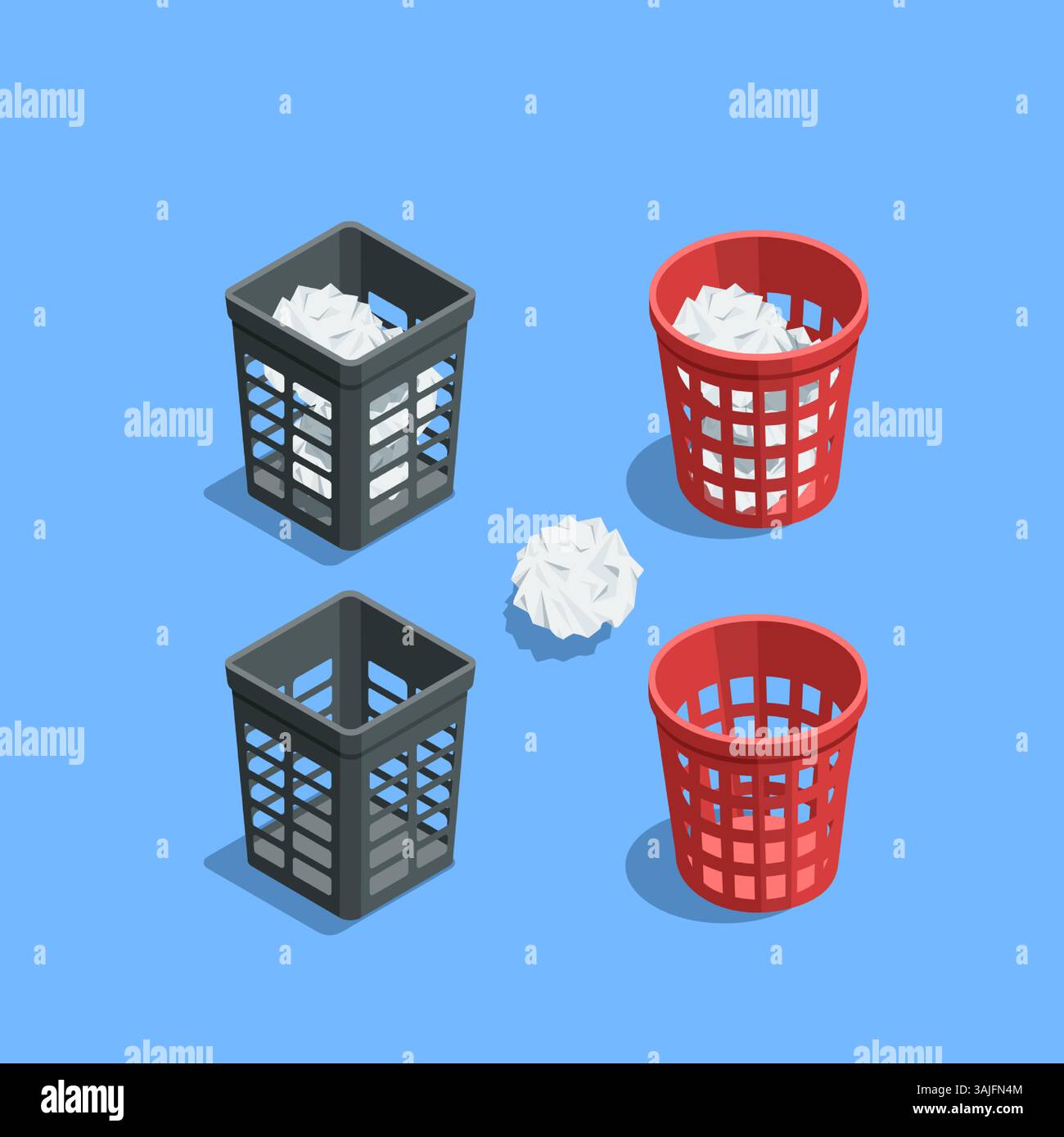 isometric vector set of office wastebasket and crumpled paper, in color ...