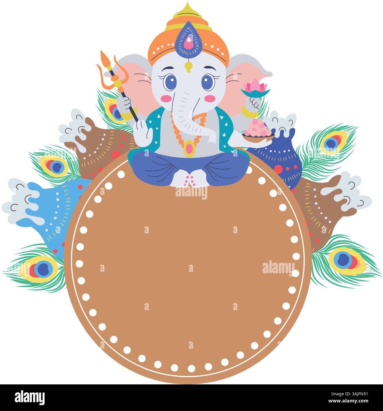 Indian god Ganesh, vector cartoon frame on the white background Stock ...