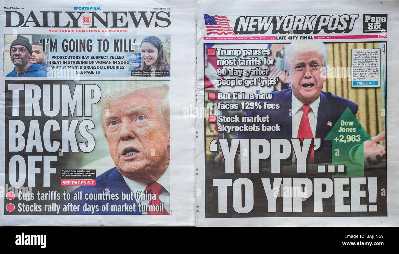 Headlines of tabloid newspapers in New York on Thursday, April 10, 2025 ...