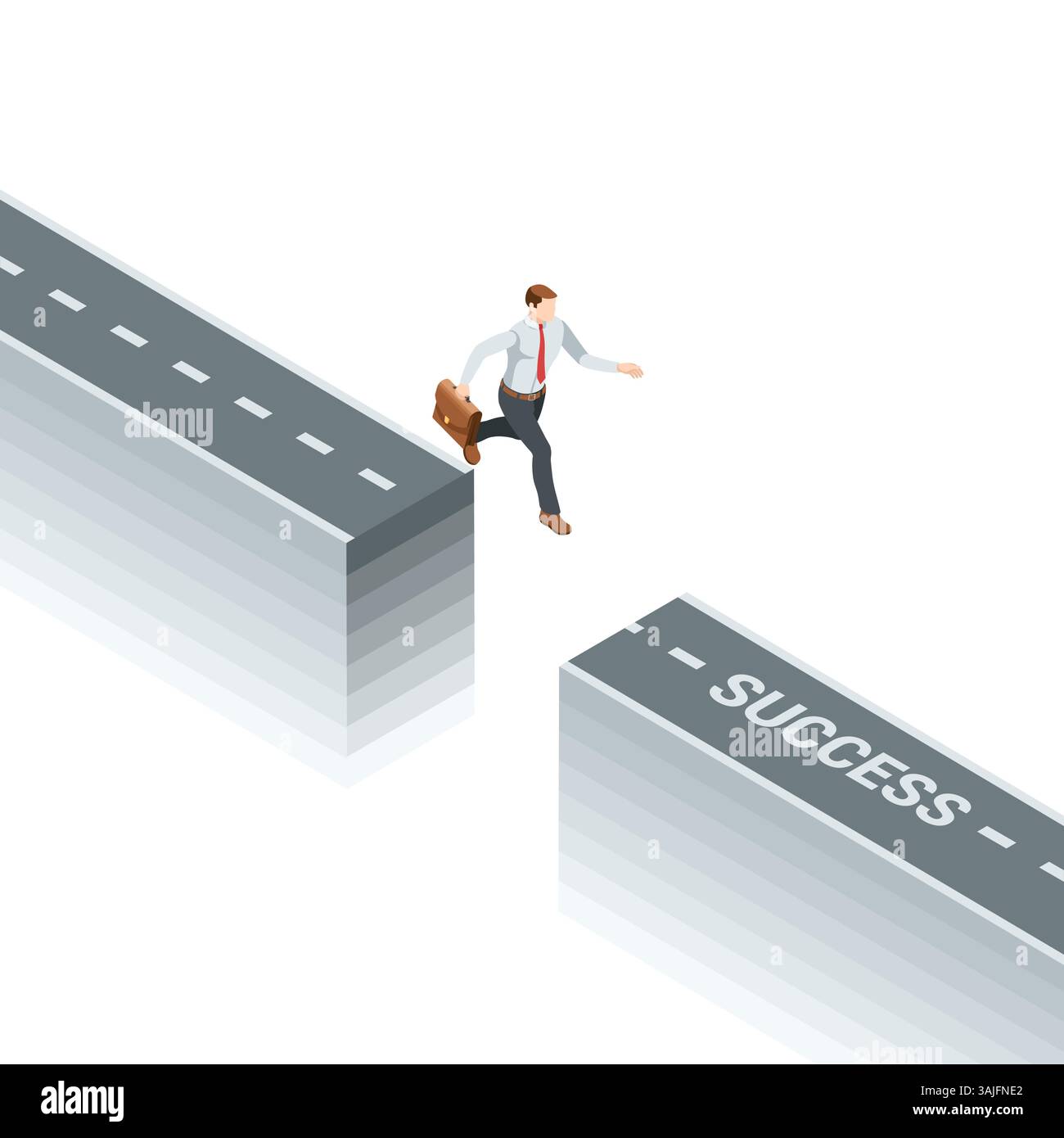 isometric business man jumping over an abyss, in color on a white background, overcoming ...