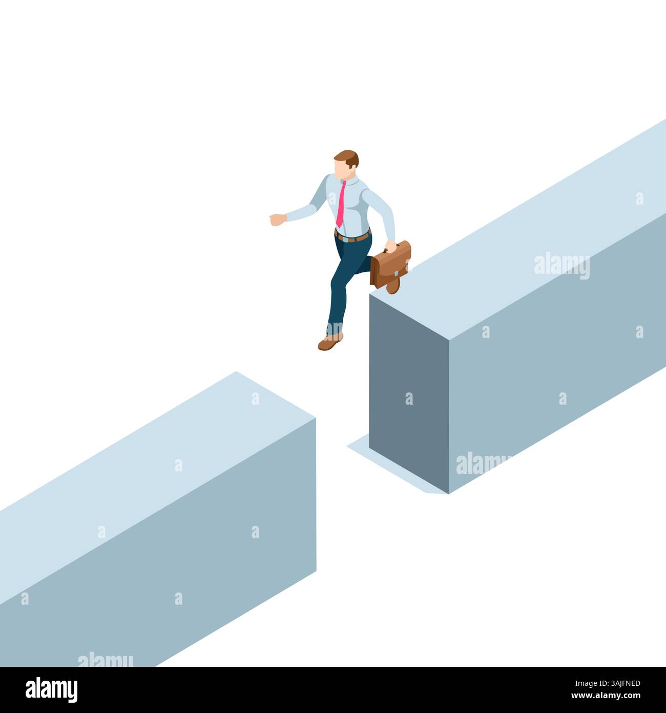 isometric business man jumping over an abyss, in color on a white background, overcoming ...