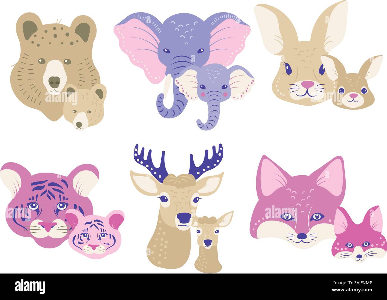 set of vector pair animals, cartoon heads of mother and kids Stock ...