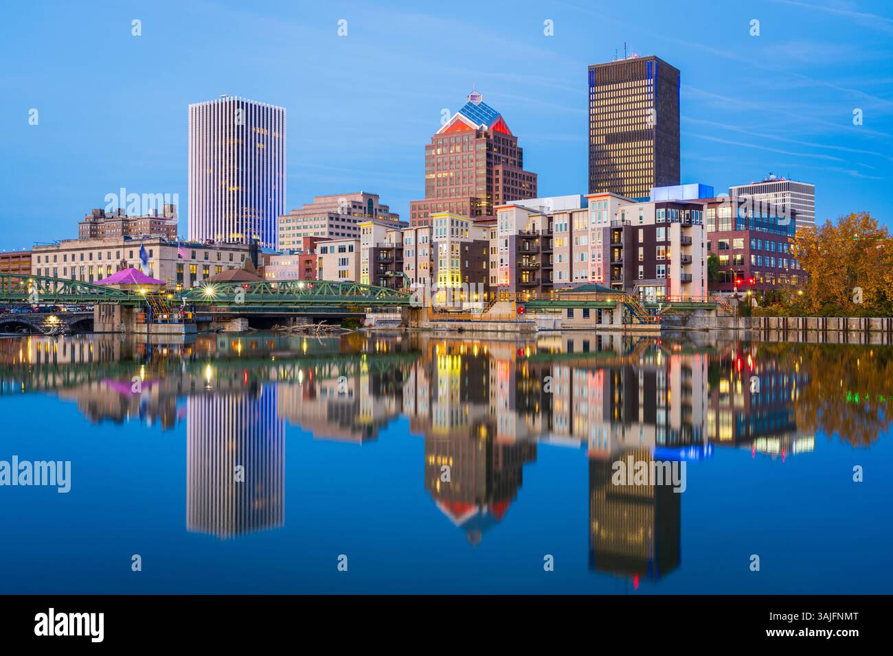 Rochester, New York, USA cityscape on the Genesee River at dusk Stock ...