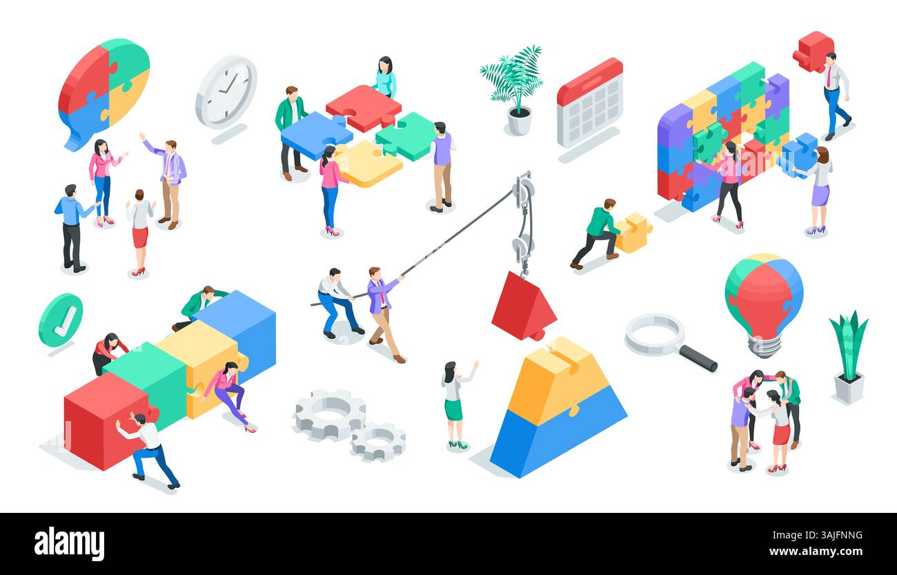 isometric vector set of people putting together puzzles, in color on a ...