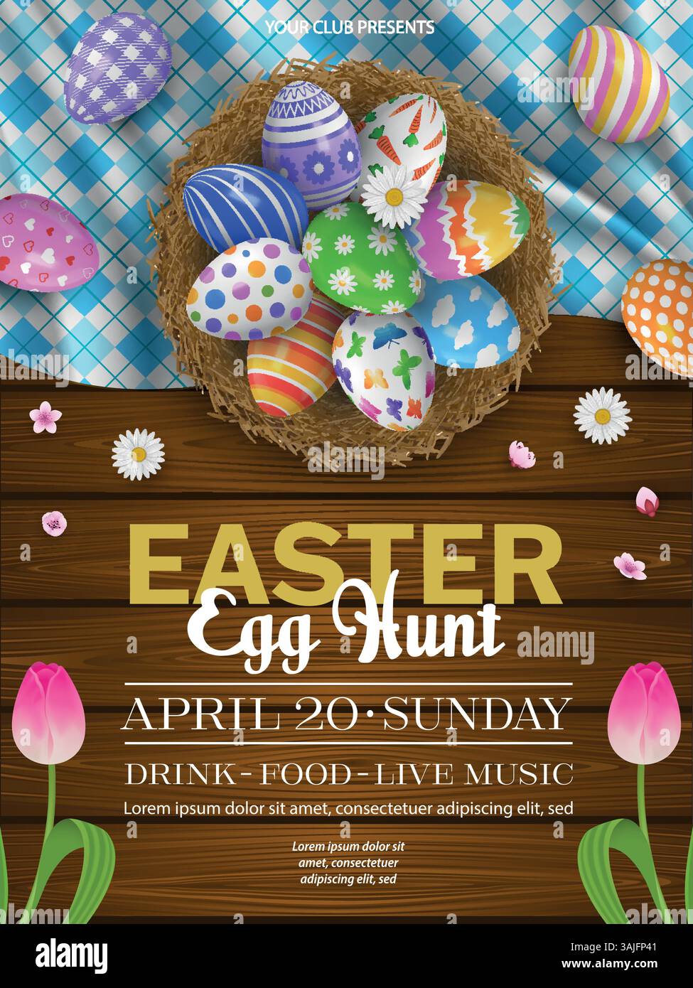 easter egg hunt poster with colorful eggs in a nest and flowers Stock ...