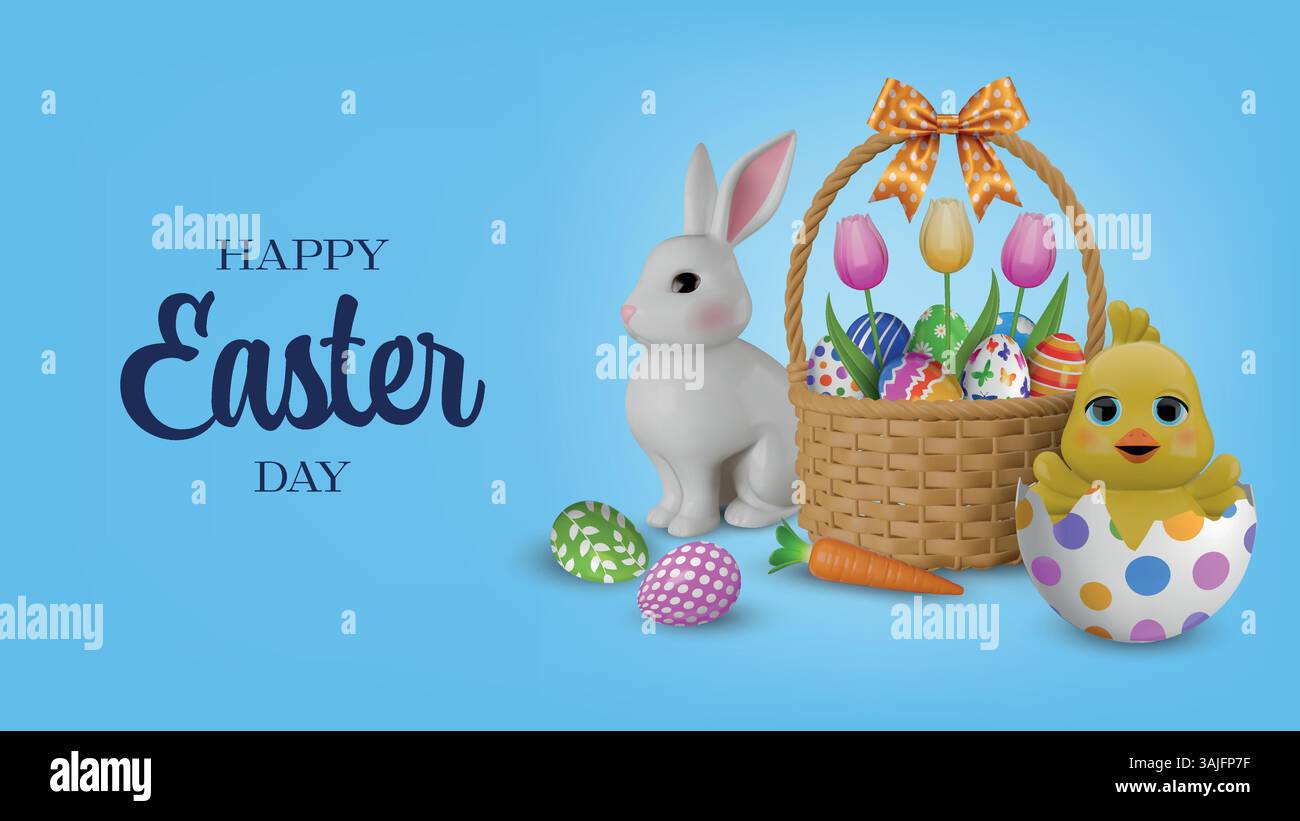 easter banner with colorful eggs and tulips in a wicker basket, carrot ...