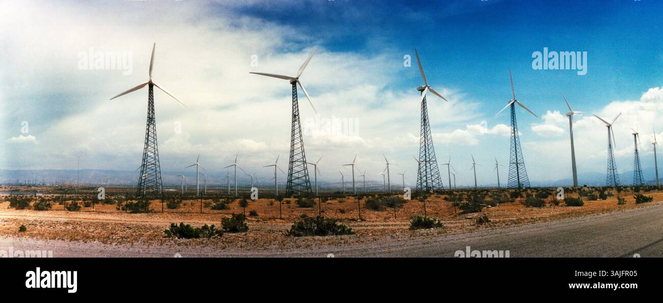 Panoramic view of wind turbine farm in the Mojave Desert, California ...