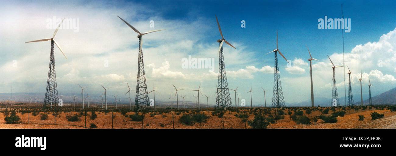 Panoramic view of wind turbine farm in the Mojave Desert, California ...