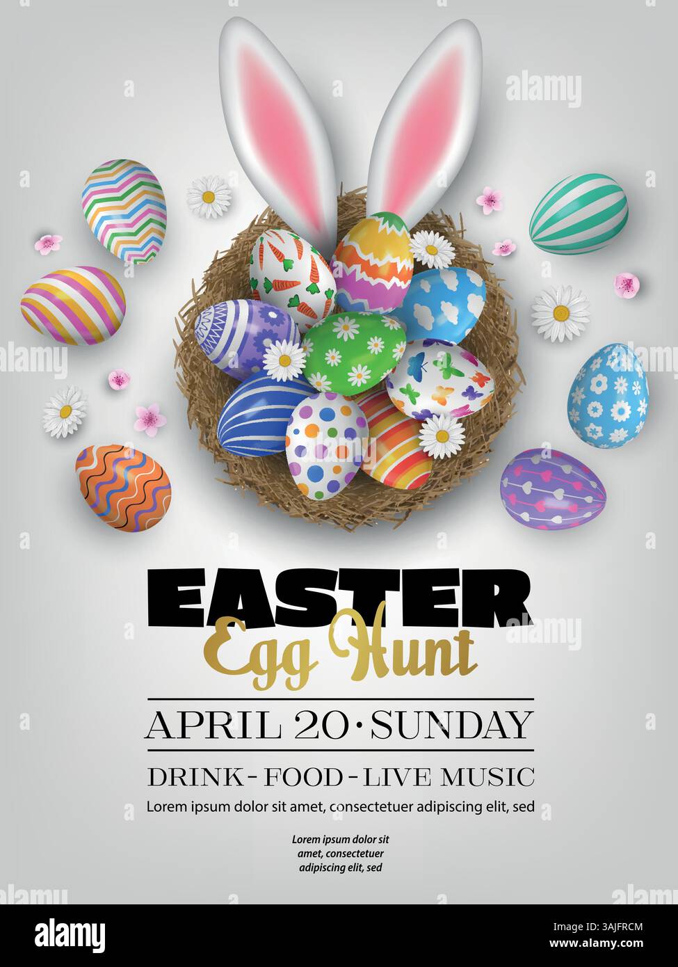 easter egg hunt poster with colorful eggs in a nest and rabbit ears ...