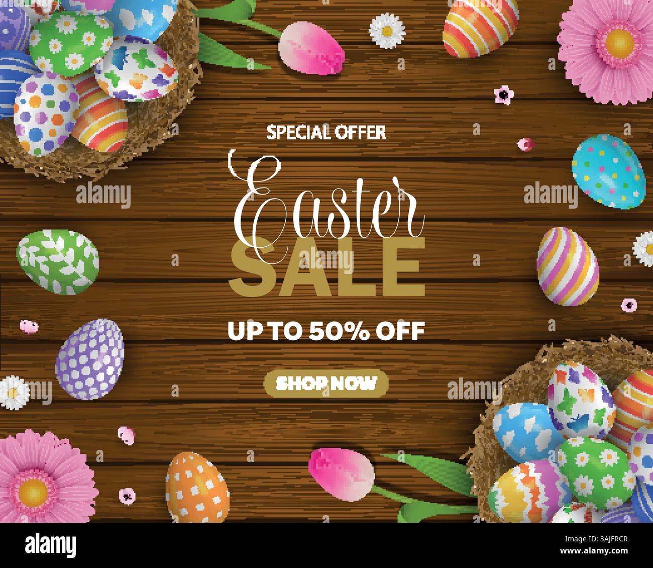 easter poster with 3d colorful eggs, tulips, flowers, carrots and cute ...