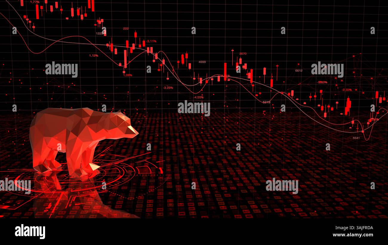 3D illustration with a candlestick chart and a red bear, bearish ...