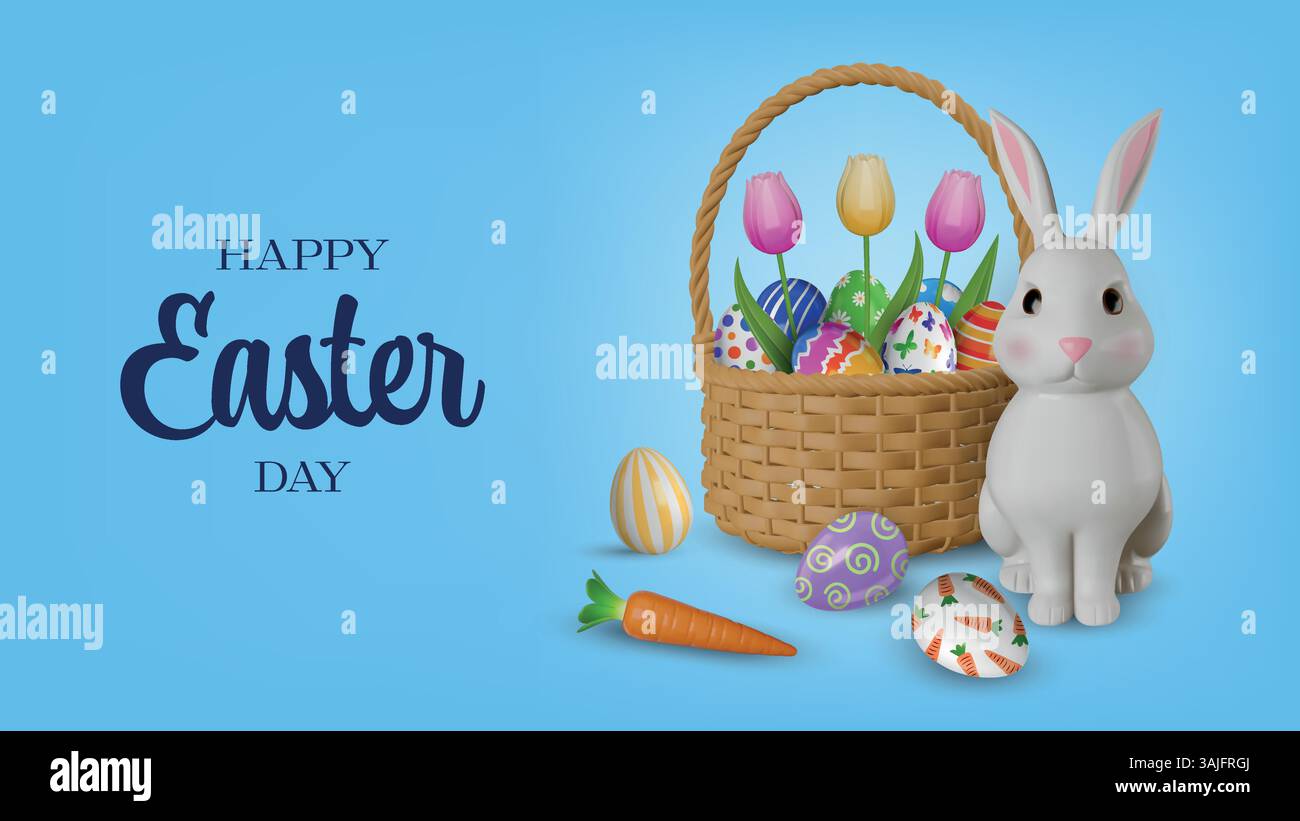 easter banner with colorful eggs and tulips in a wicker basket, carrot ...