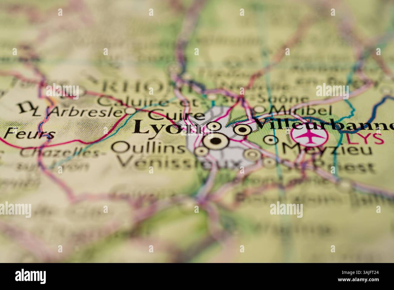 Detailed macro map showing Lyon and Villeurbanne Stock Photo - Alamy