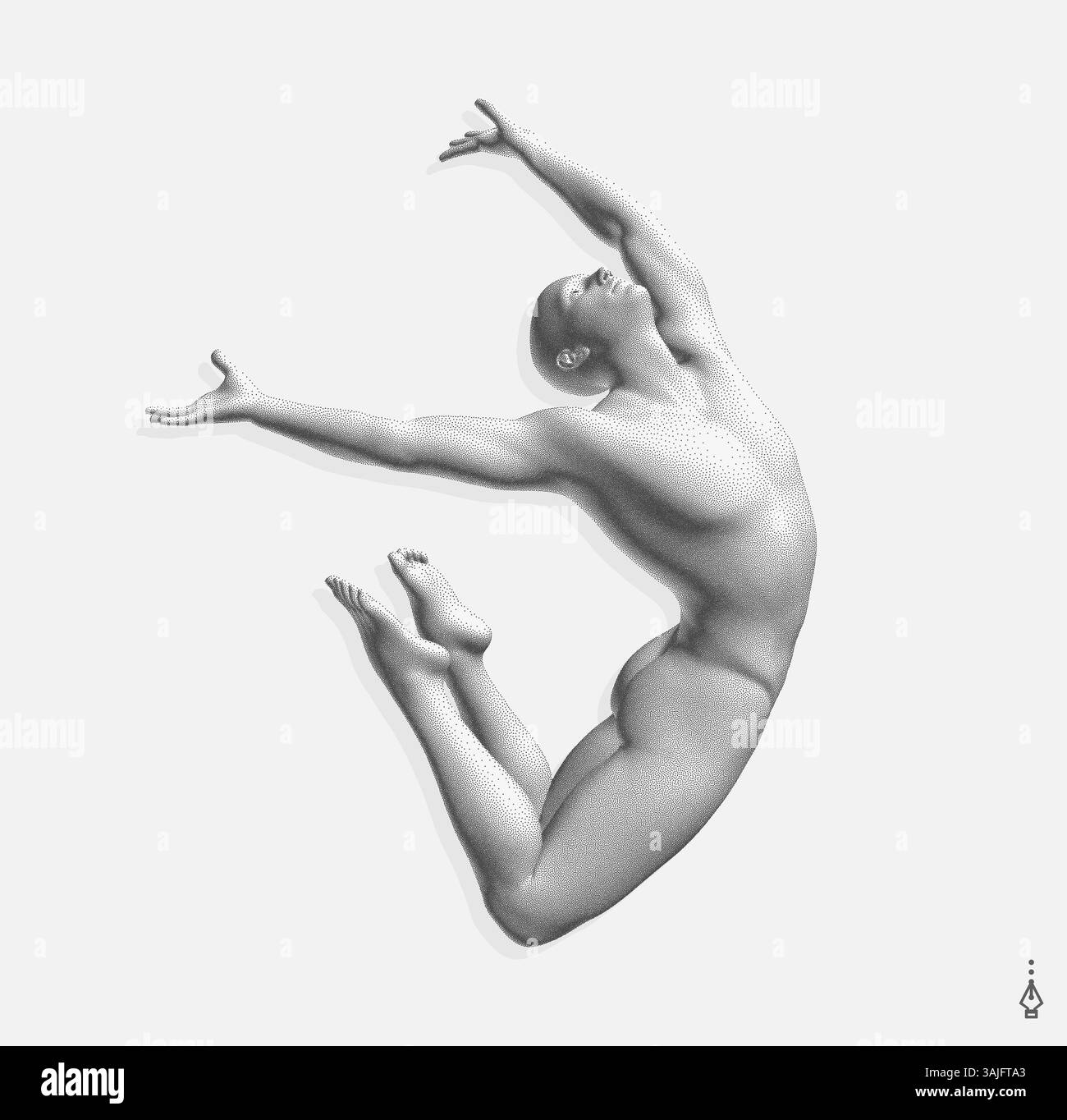 An athlete in a jump. Human body formed from stipple dots. Gymnastics ...