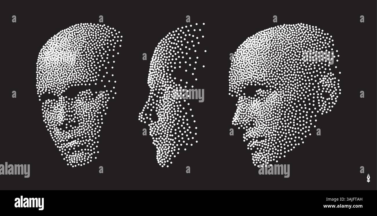 Three human faces constructing from particles. Network forming AI human ...
